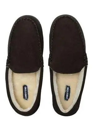 LANDS' END Fuzzy Lined Suede Moccasin Slippers Dark Mahogany Suede