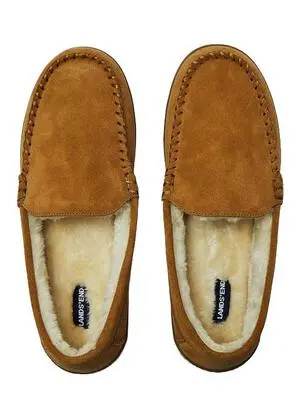 LANDS' END Fuzzy Lined Suede Moccasin Slippers - English Tan Suede
