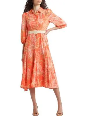 TAHARI ASL Paisley Belted Fit & Flare Shirtdress - Coral Paisley