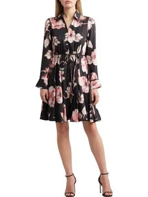 TAHARI ASL Floral Shirtdress - Black Pink