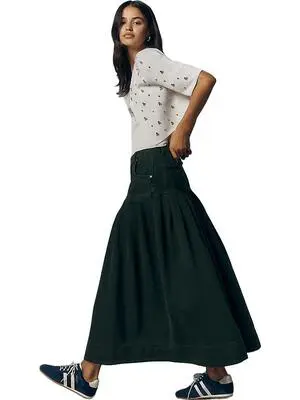 PILCRO Pleated Basque-waist Denim Midi Skirt - Lichen Green