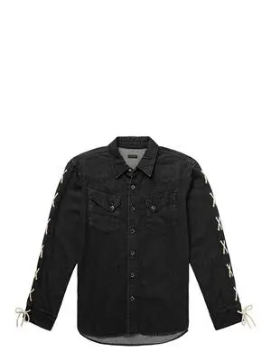 Kapital Slim-fit Leather-trimmed Lace-up Denim Shirt - Black