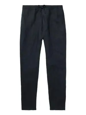 Canali Tapered Linen Drawstring Trousers - Blue