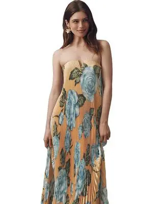 L'IDEE Strapless Pleated Gown - Fleur Bleu