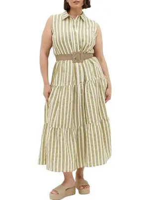 City Chic City Chic Clean Lines Belted Midi Shirtdress Moss Stripe