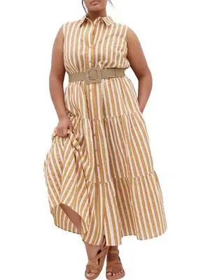 City Chic City Chic Clean Lines Belted Midi Shirtdress Terracotta Stripe