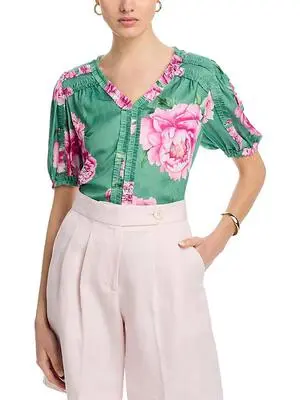 T Tahari Ruffled Floral Blouse - Pink Bouquet Garden