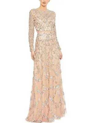 Mac Duggal Embellished Illusion High Neck A-Line Gown Blush