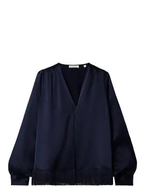DÔEN Candace Fringed Silk-satin Blouse - Blue