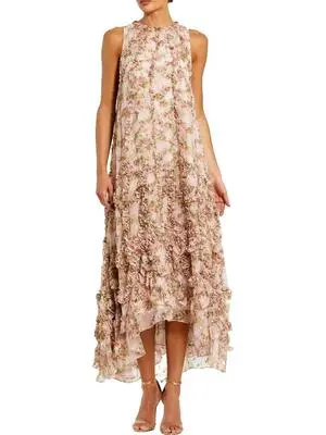 Mac Duggal Floral Appliqué Tiered Ruffle High-low Midi Dress - Pink Multi