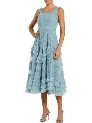 Mac Duggal Scoop Neck Sleeveless Ruffle Midi Dress - French Blue