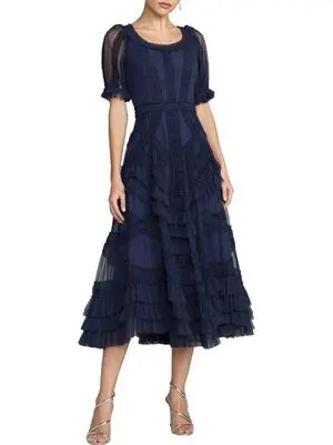 Mac Duggal Short Sleeve Mesh Ruffle Midi Dress - Indigo