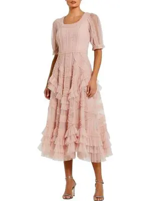 Mac Duggal Short Sleeve Mesh Ruffle Midi Dress - Porcelain