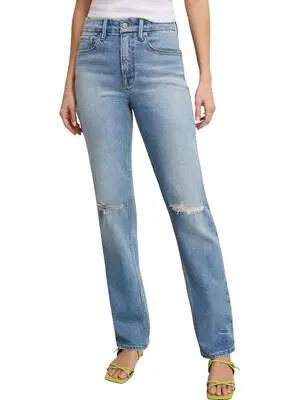 Good American Icon Ripped Straight Leg Jeans - Indigo870