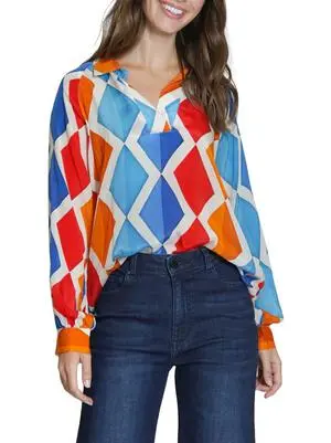 APNY Print Popover Top - Red Blue Multi