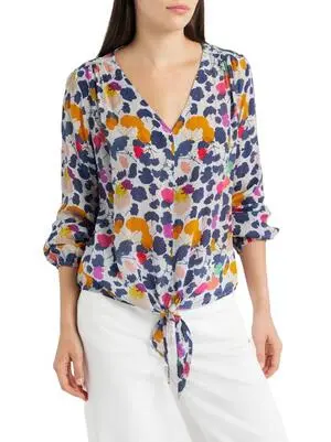 APNY Print Tie-front Top - Navy Multi