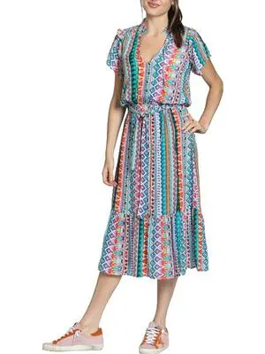 APNY Print Short Sleeve Midi Dress Turquoise Multi