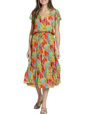APNY Print Short Sleeve Midi Dress - Yellow/ Orange Multi