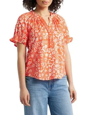 Wit & Wisdom Print Puff Sleeve Blouse - Papaya Punch Multi