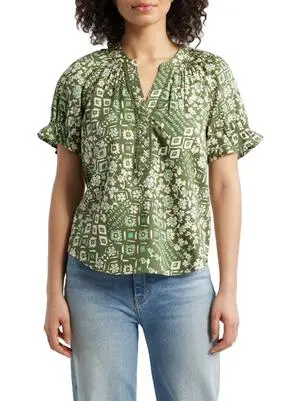 Wit & Wisdom Print Puff Sleeve Blouse - Rolling Hill Green Multi