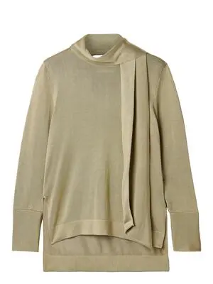 Galvan Ida Scarf-Detailed Metallic Jersey Top Sage Green