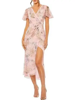 Mac Duggal Mac Duggal Printed Mesh Faux Wrap Midi Dress Rose