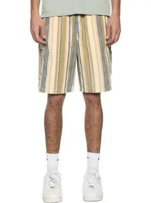 ROUND TWO Ez Stripe Cotton Corduroy Shorts - Khaki Blue Stripe