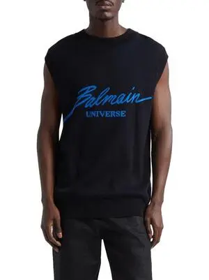 Balmain Universe Jacquard Sweater Vest - Black/ Hologram Blue