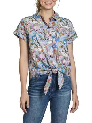 APNY Floral Print Tie Front Cotton Camp Shirt - Blue/ Rose Multi