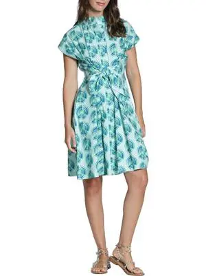 APNY Floral Print Belted A-line Dress - Aqua Multi