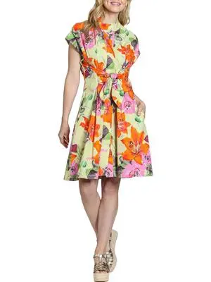 APNY Floral Print Belted A-line Dress - Bright Green Multi