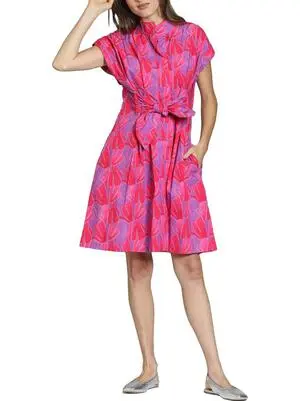 APNY Floral Print Belted A-line Dress - Bright Pink Multi