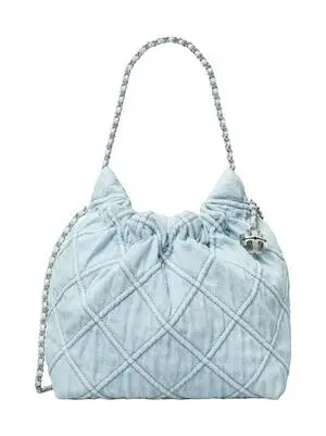 Tory Burch Fleming Quilted Denim Hobo Bag - Seltzer