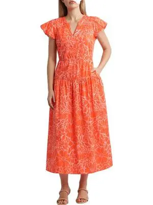 Wit & Wisdom Wit & Wisdom Floral Cotton Blend Midi Dress Pink/ Papaya Punch