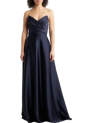 Amsale Strapless Satin Gown - Navy