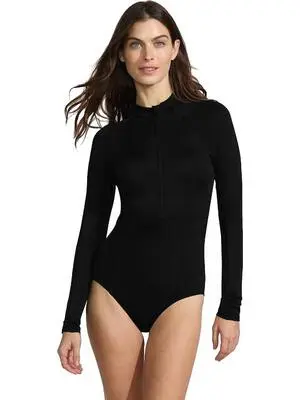 LANDS' END Mastectomy Chlorine Resistant Zip Front Long Sleeve One Piece Swimsuit - Black