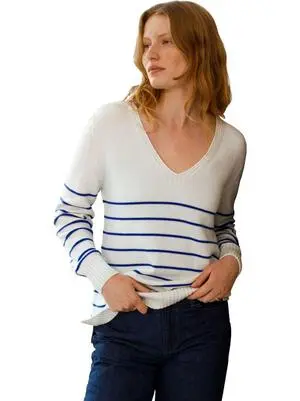 CELTIC & CO. Merino V Neck Striped Sweater - Ecru Cobalt Stripe