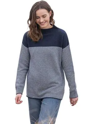 CELTIC & CO. Felted Funnel Neck Sweater - Navy / Ecru Stripe