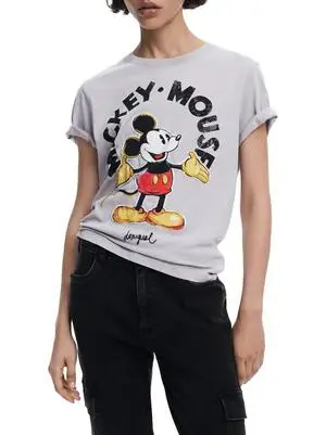 Desigual Desigual Mickey Mouse Striped Graphic T-Shirt Neutral Gray