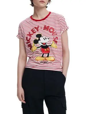 Desigual Desigual Mickey Mouse Striped Graphic T-Shirt Red