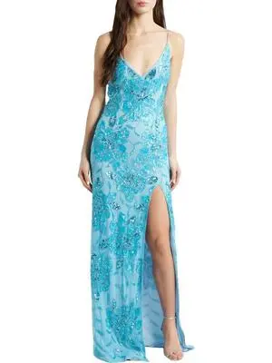 JUMP APPAREL Beaded Sequin Sleeveless Gown - Turquoise