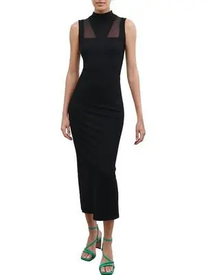 MARCELLA Amelia Ponte & Mesh Funnel Neck Midi Dress - Black