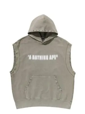 A BATHING APE Studded Garment Dye Logo Sleeveless Pullover Hoodie Olivedrab
