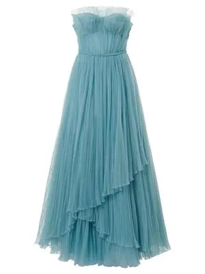 Costarellos Marinel Plissé Tulle Gown - Turquoise