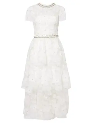 SELF-PORTRAIT Bridal Beaded Tulle Midi Dress - White