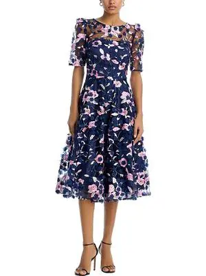 Eliza J Three Quarter Sleeve Illusion Yoke Dress - Navy Multi