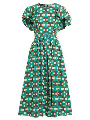 Diane Von Furstenberg Damon Belted Checked Cotton-blend Poplin Midi Dress - Jade