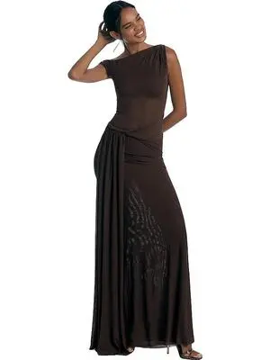 Misha Collection Sisal Asymmetrical Draped Mesh Maxi Dress Brown