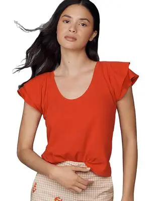 Maeve Scoop-Neck Flounce-Sleeve Tee Bright Red