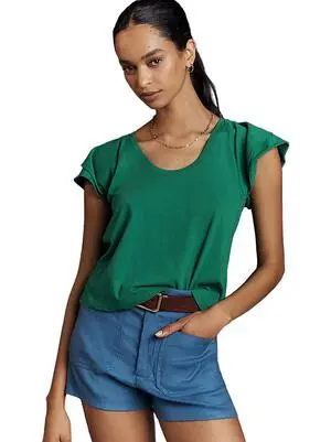 Maeve Scoop-Neck Flounce-Sleeve Tee Green